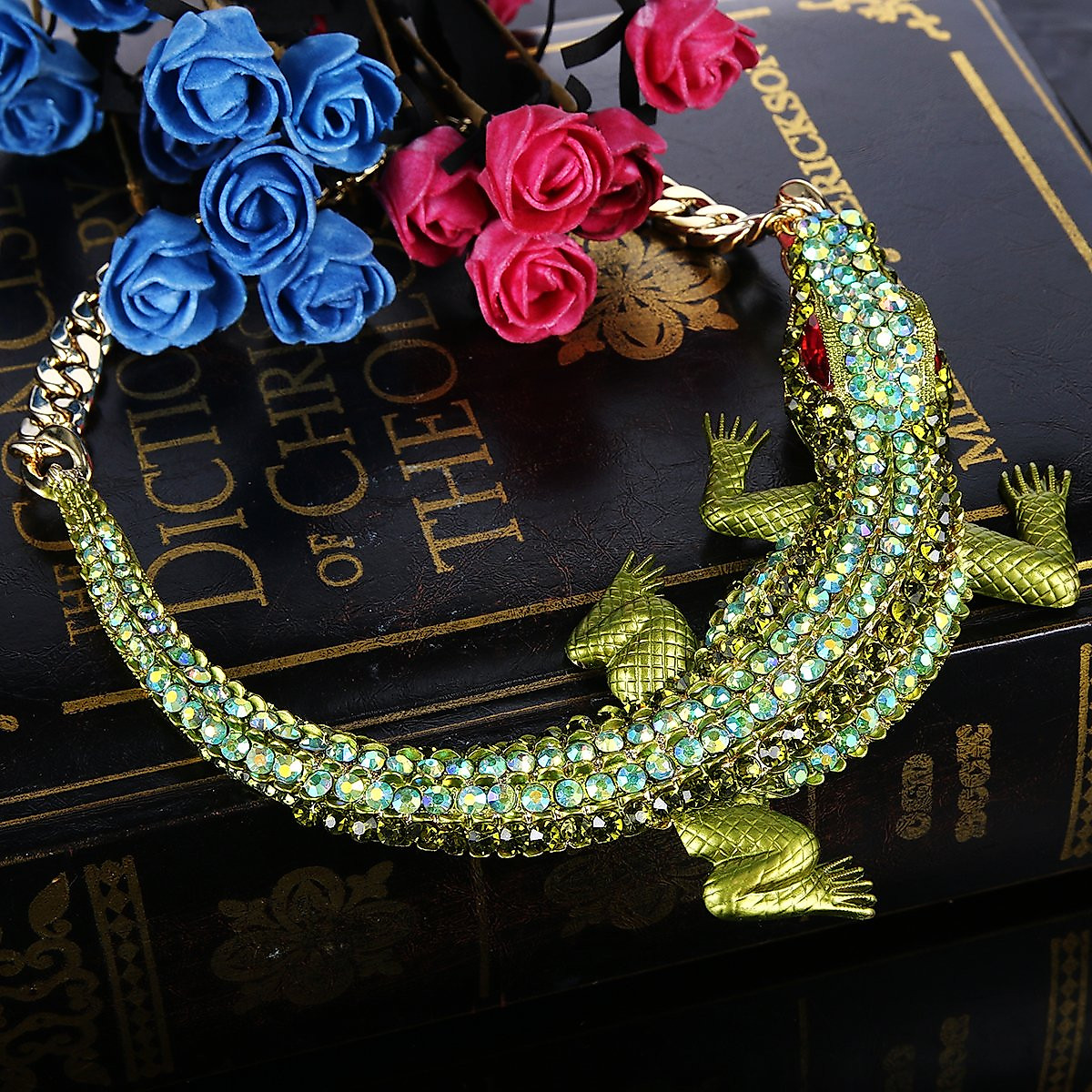 BriLove Women's Gothic Stylish Crystal Crocodile Statement Necklace Green Gold-Tone