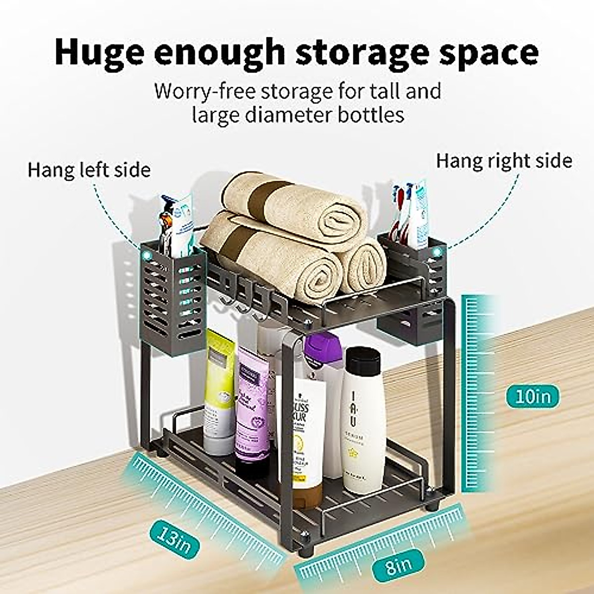 junyuan Large Bathroom Organizer Countertop,2 Tiered Bathroom Organizer Shelves with Toothbrush Holders,Bathroom Counter Storage Rack with Basket and Hooks Metal Black