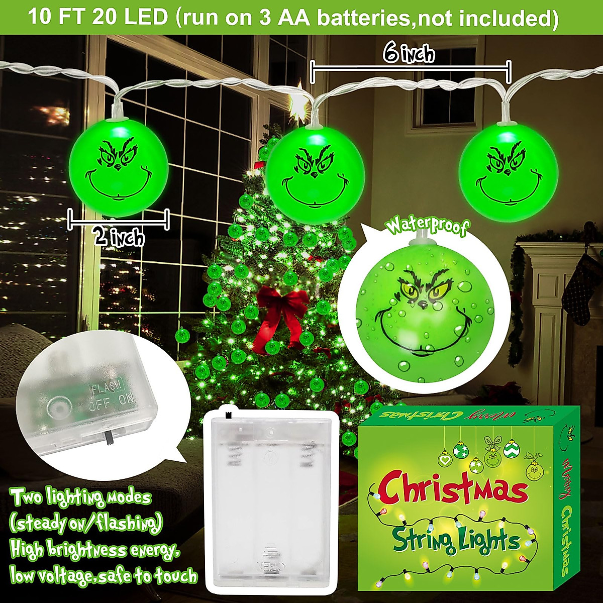 GYGOT Christmas Lights,20 LED 10 Ft Battery Operated Christmas String Lights, Christmas Decorations for Tree Home Garden Indoor Outdoor Decor