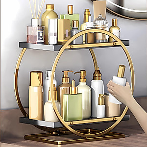 YFUIF 2 Tier Perfume Organizer, Bathroom Organizer Countertop, Dresser Makeup Vanity Skincare Storage Tray Shelf Rack Senior Room Decor Aesthetic Display Accessories (Black Gold)