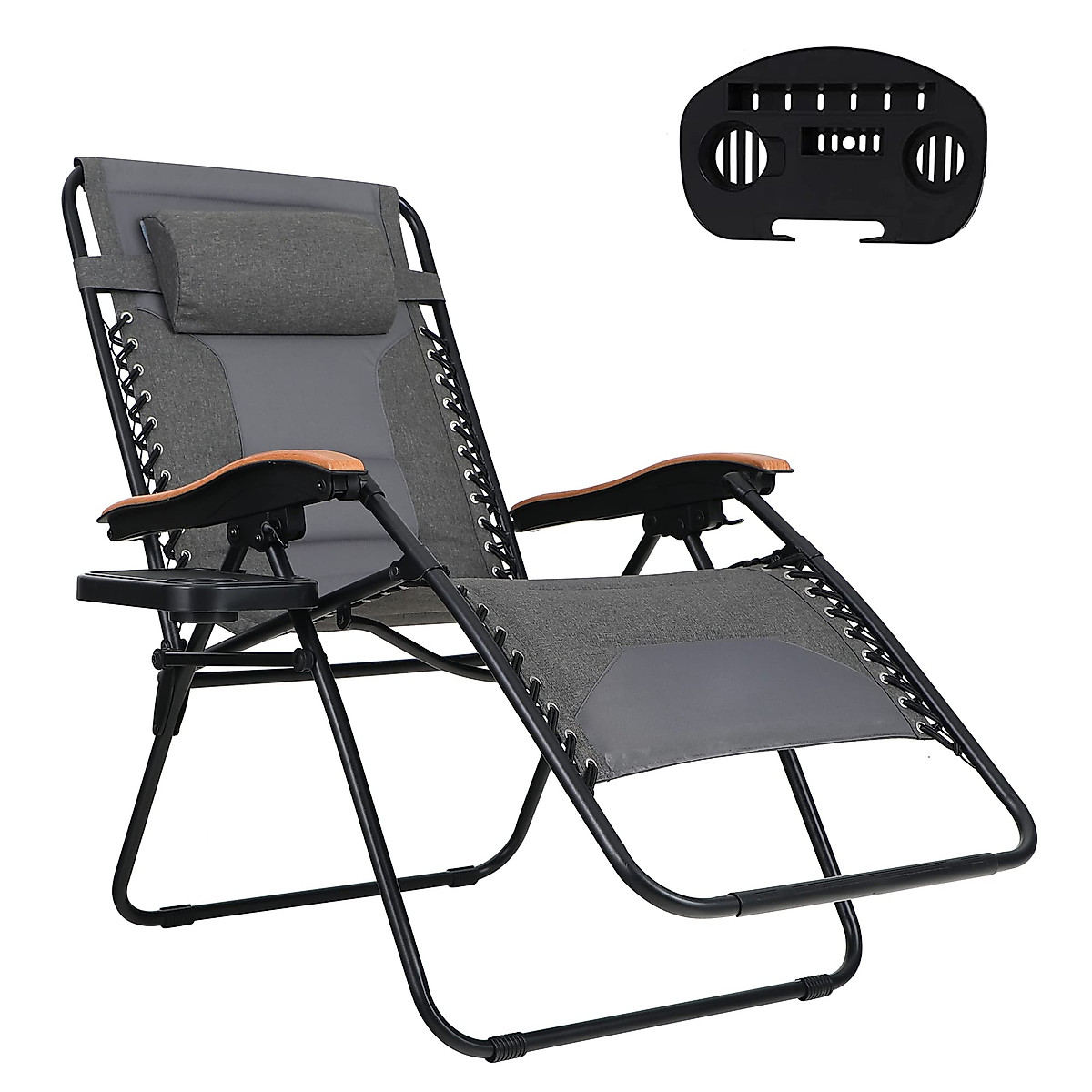 PHI VILLA Oversized Padded Zero Gravity Chair, Folding Outdoor Patio Recliner, XL Anti Gravity Lounger for Backyard w/Headrest, Cup Holder, Side Tray, Grey