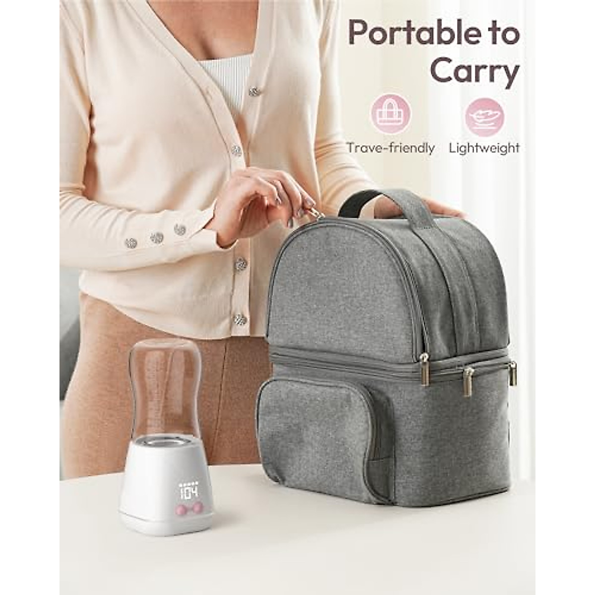 Portable Bottle Warmer, w-maxa Fast Baby Bottle Warmer for Travel with Glass Bottle & 4 Adapters, Rechargeable Bottle Warmer On The Go with Precise Temperature Control for Breastmilk, Formula