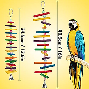 MEWTOGO 2Pcs Bird Toys, Parrots Toys with Bells and Plastic Beads, Colourful Natural Wooden Blocks in 2 Shapes for Cockatoos Cockatiel African Grey Macaws and Amazon Parrots