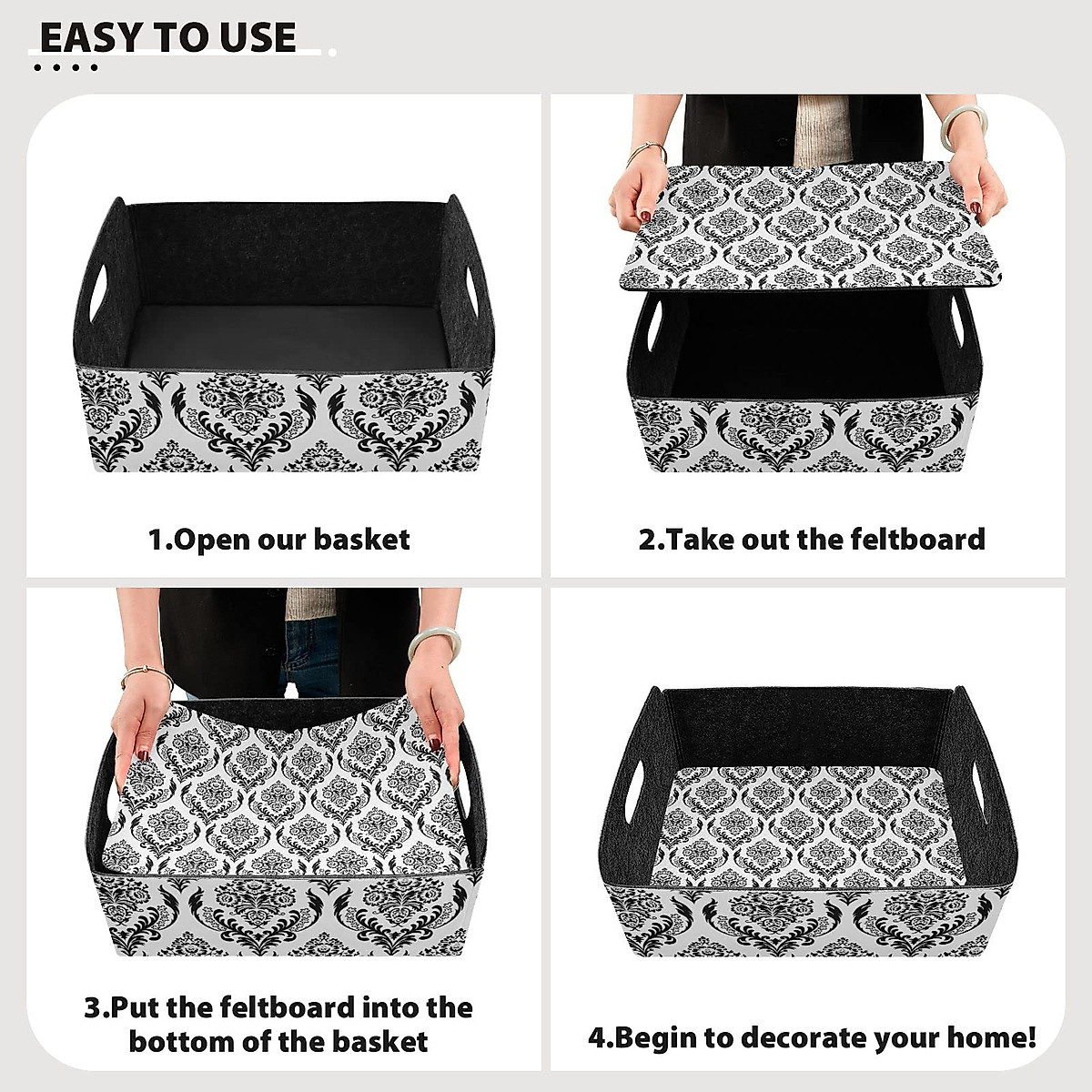 susiyo Seamless Black and White Damask Storage Basket Felt Storage Bin Small Foldable Organizer Bin for Office Closet