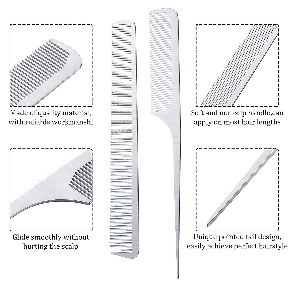 Boao 2 Pieces Metal Tail Combs Stainless Steel Fine Cutting Comb for Hair Styling Cutting(Silver)