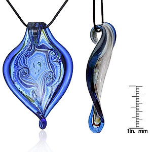 BESHEEK Handmade Murano Inspired Blown Abstract Glass Lampwork Art Pendant Necklace for Women Handcrafted Artisan Hypoallergenic Italian Style Jewelry (Cobalt Blue Swirls Twisted Leaf)