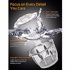 Electric Food Processor & Vegetable Chopper, Elechomes High Capacity 8-Cup Blender Grinder for Meat, Onion, Powerful 300W Motor & 4 Detachable Dual Layer Stainless Steel Blades, BPA-Free Glass Bowl