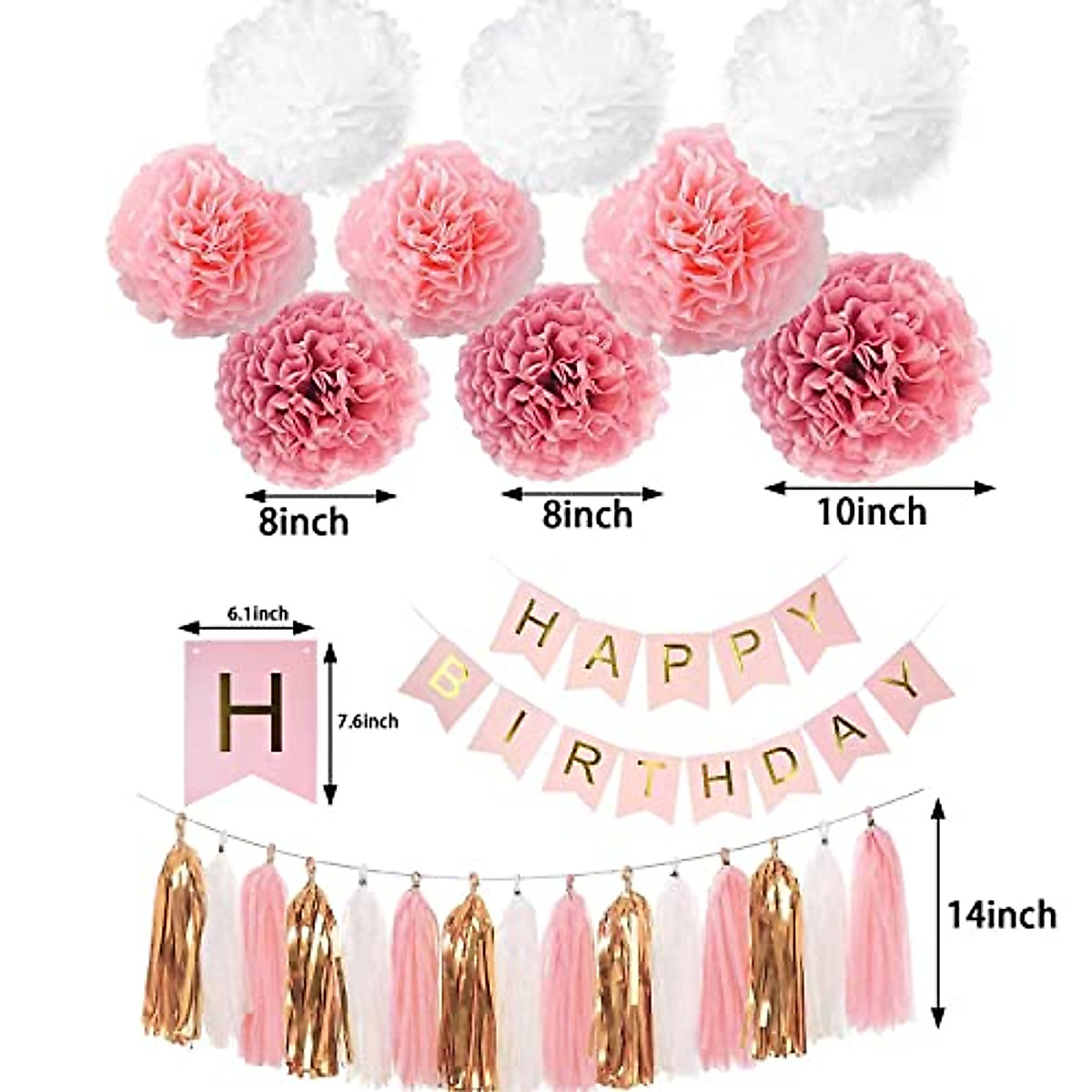 Pink Gold Birthday Party Decorations Set, pink Gold Glittery Happy Birthday banner, Tissue Paper Pom, Tassel Garland for Birthday Party Decorations for Man Women Birthday Party Decorations