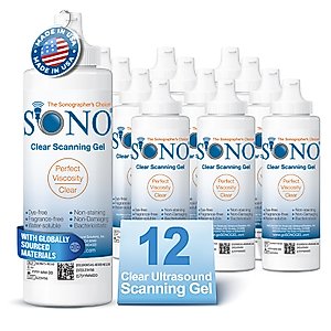 SONO Clear Scanning Gel - Ultrasound, Electrode, Ultrasonic, Sonogram, Transmission, Conductive, TENS Gel - Non-Staining, Dye-Free, Unscented, Water-Soluble, All Skin Types - Case of 12 8oz Bottles