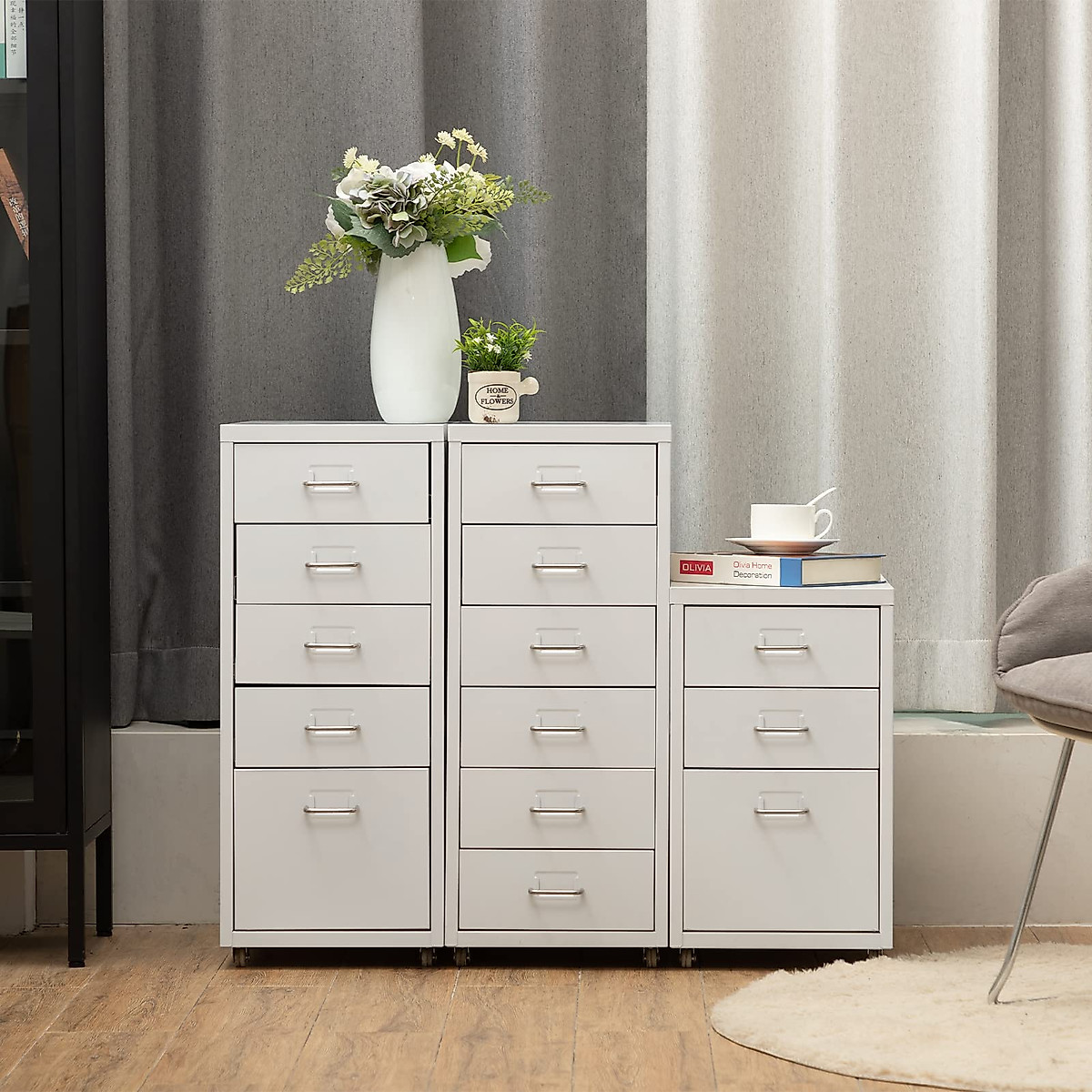 HollyHOME 3-Drawer Mobile Classification Storage Cabinet, Under Desk for A4 Mini File Cabinet, Mobile file Cabinet with Wheels for Home and Office, White