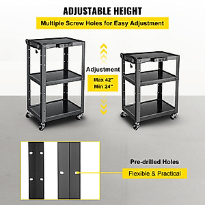 VEVOR Steel AV Cart, 24-42" Height Adjustable Media Cart with Electric Power Cord, 24 x 32 Presentation Cart with 3 Shelves, 150 LBS Rolling Projector Cart with and 2 Brakes Suitable for Load-Bearing
