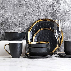 Stone Lain Porcelain 16 Piece Dinnerware Set, Service for 4, Black and Golden Rim