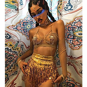 Yollmart Women's Sequins Tassel Skirts Shorts Booty Dance Festival Bottoms (US, Alpha, X-Large, Regular, Regular, Gold)