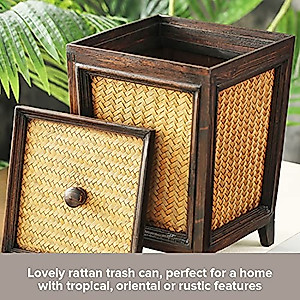 Rattan Basket Wooden Trash Can - Hand Woven Basket Trash Can with Lid - 9"x8.3"x13" Small Garbage Can with Cover - Decorative Natural Wood Garbage Bin for Living Room, Bedroom or Bathroom Trash Can