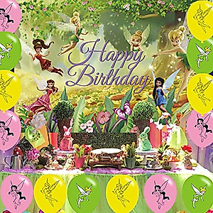 SAIAODI Tinkerbell Birthday Party Banner Backdrop, Fairy Flower Party Decorations for Kid Party Supplies Happy Birthday Banner Tinkerbell Teme Party Decorations Photography Background