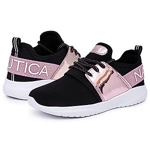 Nautica Youth Girls Athletic Fashion Lace Up Tennis Sneakers-Kappil Metallic-Pink Metallic Black Size-2