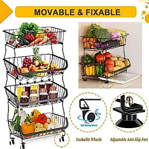 Fruit Vegetable Storage Basket for Kitchen - 4 Tier Stackable Metal Wire Baskets Cart with Rolling Wheels Utility Fruits Rack Produce Snack Organizer Bins