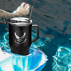 Military Veteran Products 30 Oz USAF Black Double Wall Vacuum Insulated Stainless Steel Air Force Tumbler with Handle | Travel Mug with Leakproof Lid