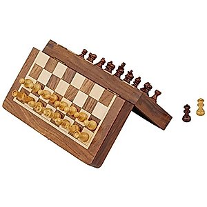 Magnetic Travel Chess Board Set - Classic Wood Staunton 7 X 7 Inch Pocket Chess Set with Folding Game Board Handmade in Fine Rosewood