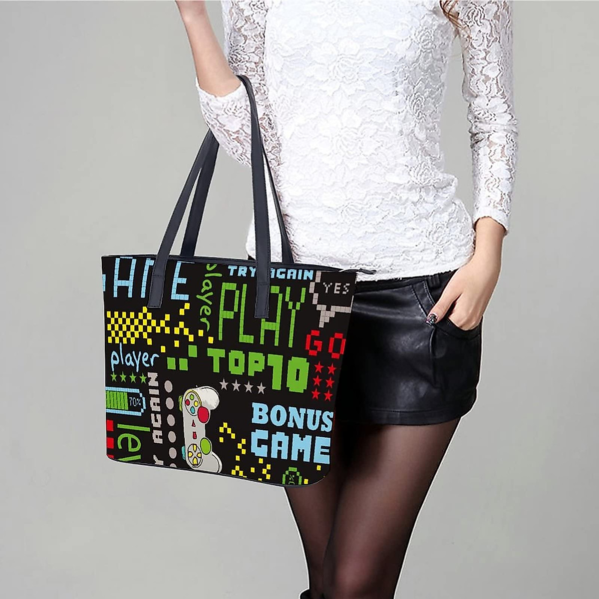 Pixel Words Game Style Women's Tote Bag PU Leather Shoulder Bag Handbags Purse For Work Shopping Travel