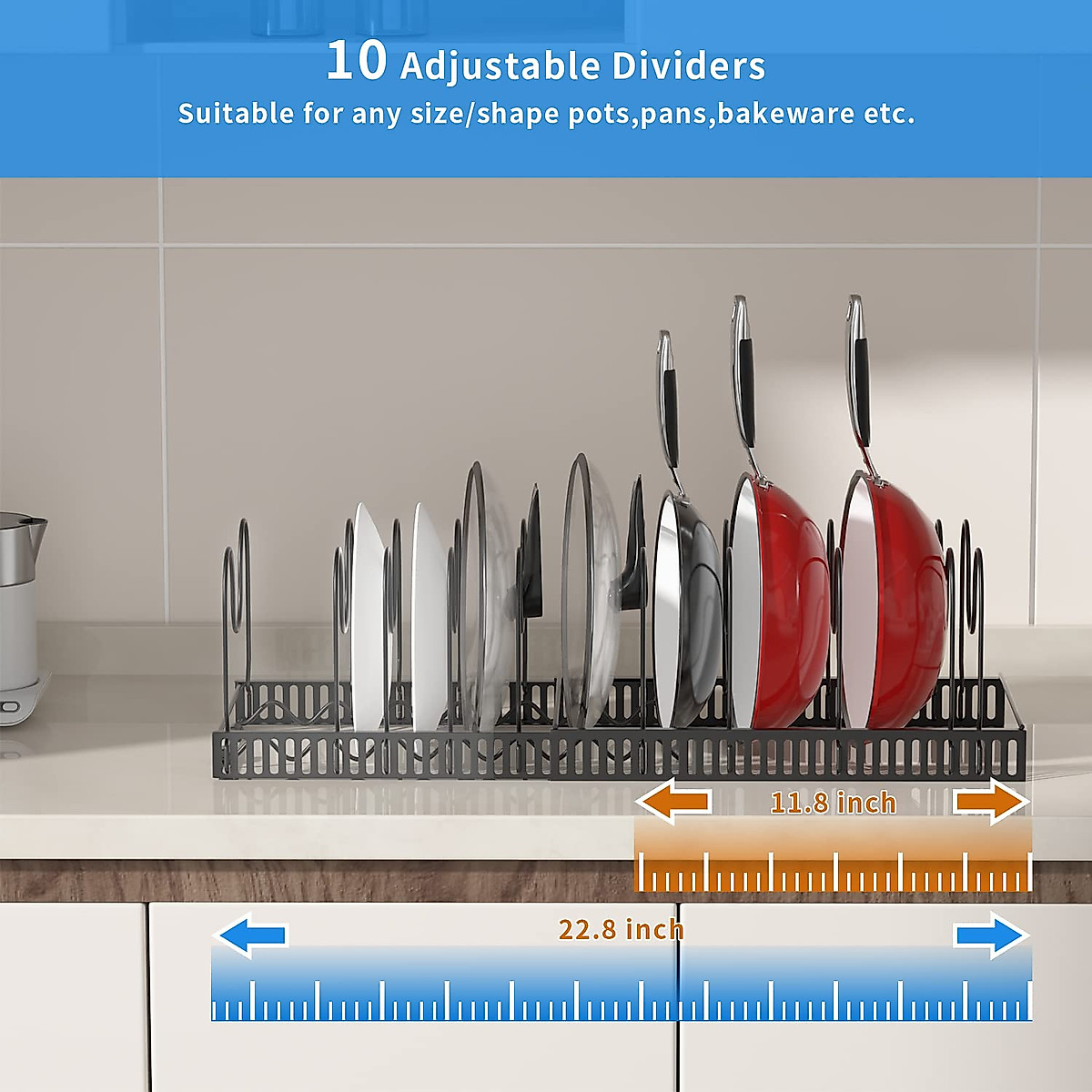 Pot Rack Organizer for Under Cabinet-Expandable Pots and Pans Organizer with 10 Dividers & 2 DIY Methods,Pots Lid Organizer Holder for Kitchen Cookware,Cookie Sheet Organizer Rack for Cabinet