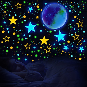 Eersida Glow in The Dark Stars and Moon for Ceiling, 1560 Pieces Full Wall Decals Set, 3 Colors Star Stickers Kids Bedroom, Living Room, Nursery Party Decor