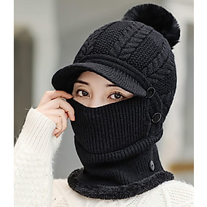Women One Piece Slouchy Fleece Beanie Hats Scarf Mask Warm Winter Knitted Hat Thick Skull Ski Cap A-Black