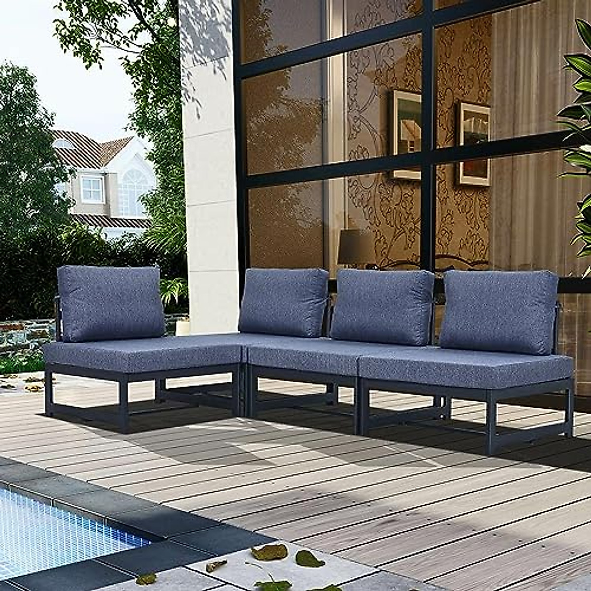 TOME Patio Furniture Set, Outdoor Conversation Sectional Sofa Set with Oak Ottoman, Aluminum Frame and Seat Cushion for Garden Backyard Porch (4pcs Sofa)