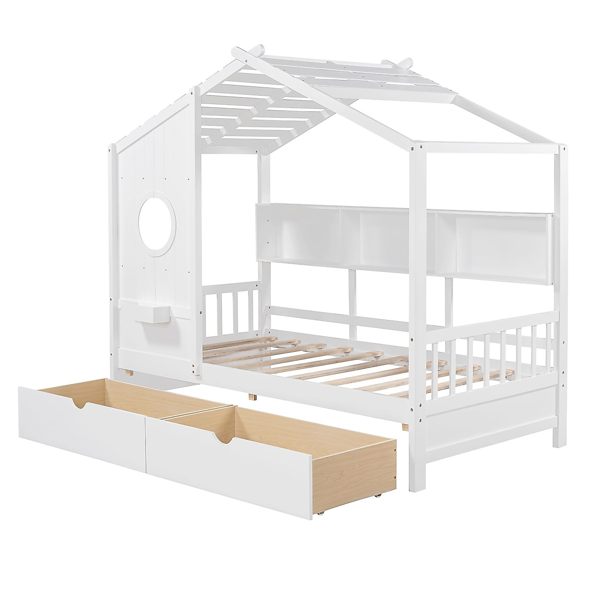 Twin Size House Bed with Storage Drawers and Shelves, Wood Montessori House Bed Frame, Kids Playhouse Tent Bed for Girls Boys, White