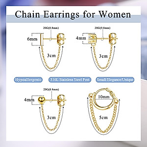 YADOCA 4 Pairs Chain Earrings for Women CZ Ball Bar Huggie Hoop Piercing Dangle Chain Stud Earring Set Gold