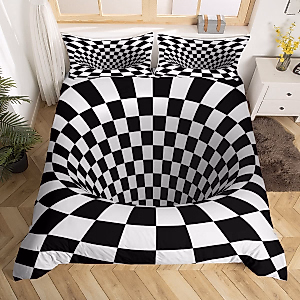 Castle Fairy Op Art Bedding Set,Black White Grid Duvet Cover for Kids Teen Boys Girls,Geometric Arrangement Comforter Cover Decorative Room,Visual Geometry Quilt Cover with 2 Pillowcases,King Size