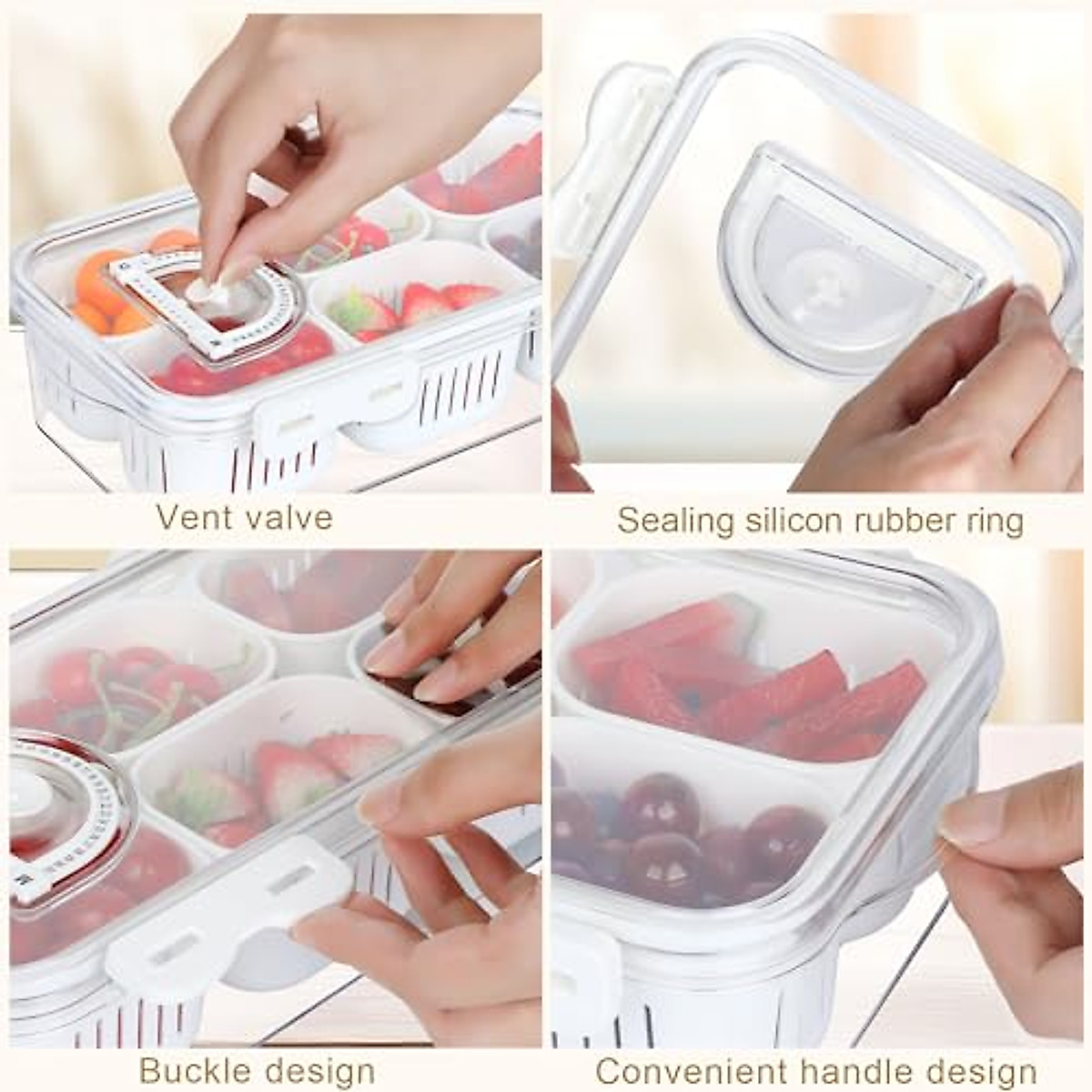 Dualshine Divided Serving Tray with Lid, Fruit Storage Containers for Fridge, Snack Box, Portable Food Storage Containers with 6 Compartments Keep Fruits, Snacks, Vegetables and Spices Fresh Longer