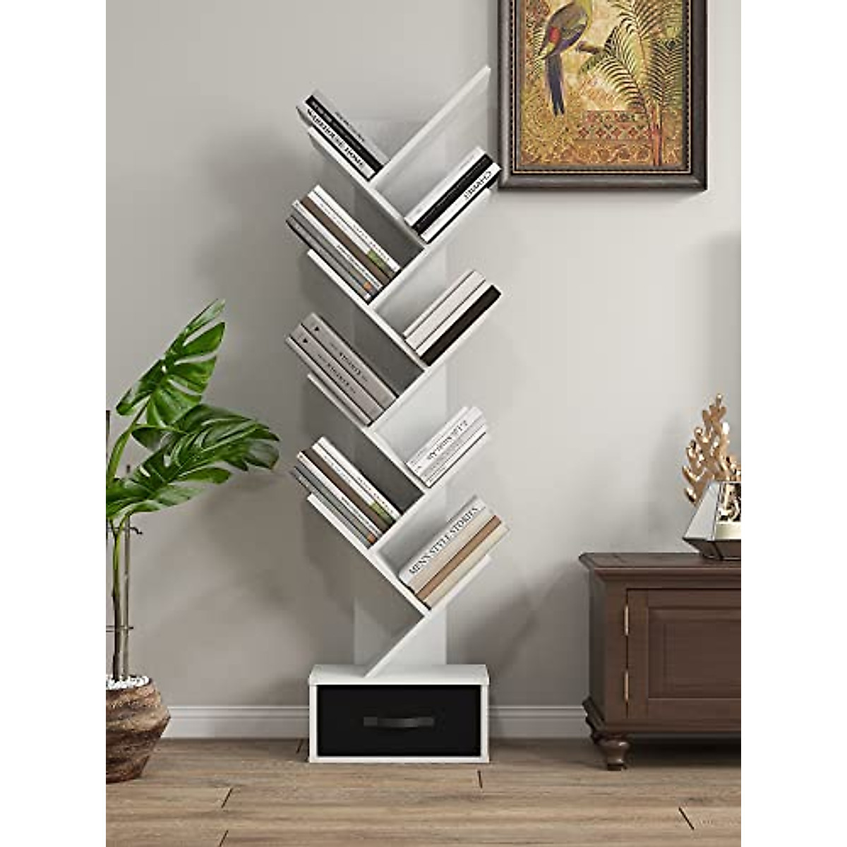 Panana Tree Bookshelf with Drawer, 8-Tier Wooden Storage Rack Wisdom Tree Book Holder Bookshelves Organizer for Living Room, Bedroom, Home Office (White)