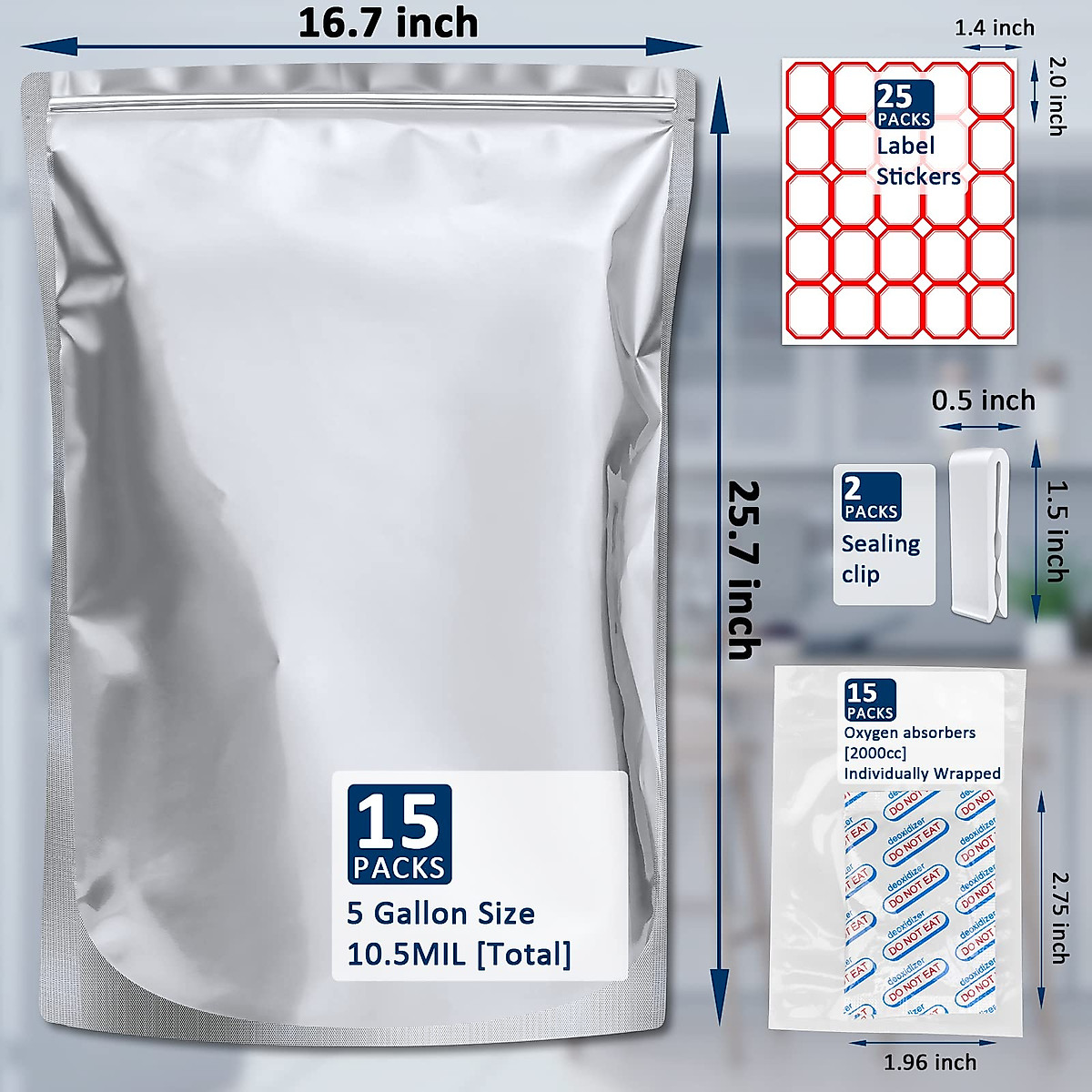 15 Pack 5 Gallon Mylar Bags with Oxygen Absorbers - 10.5 Mil Mylar Bags for Food Storage with 15 Single Sealed 2000cc Oxygen Absorbers & Labels & Clips - for Long Term Food Storage