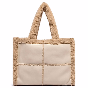 Like Dreams Large Sherpa Tote Bag, Inner Pocket Vegan Leather, Large Tote Hand bags for Women, Fashion Winter Purse (Ivory)