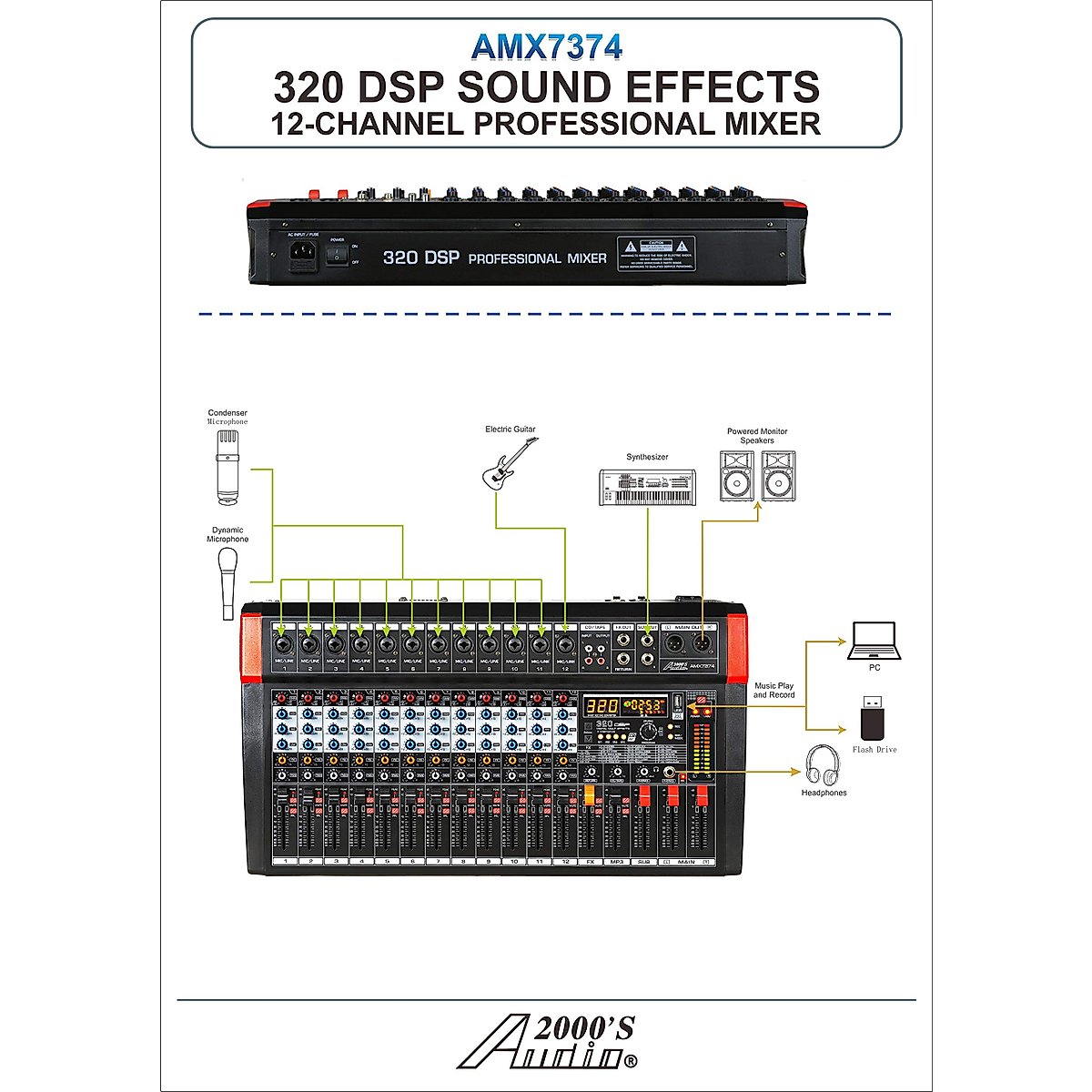 Audio2000'S AMX7374 12-Channel Audio Mixer with 320 DSP Sound Effects, Stereo Sub Out with Sub-Out Level-Control Fader, Level-Control Faders on All Channels, and USB/Computer Interface
