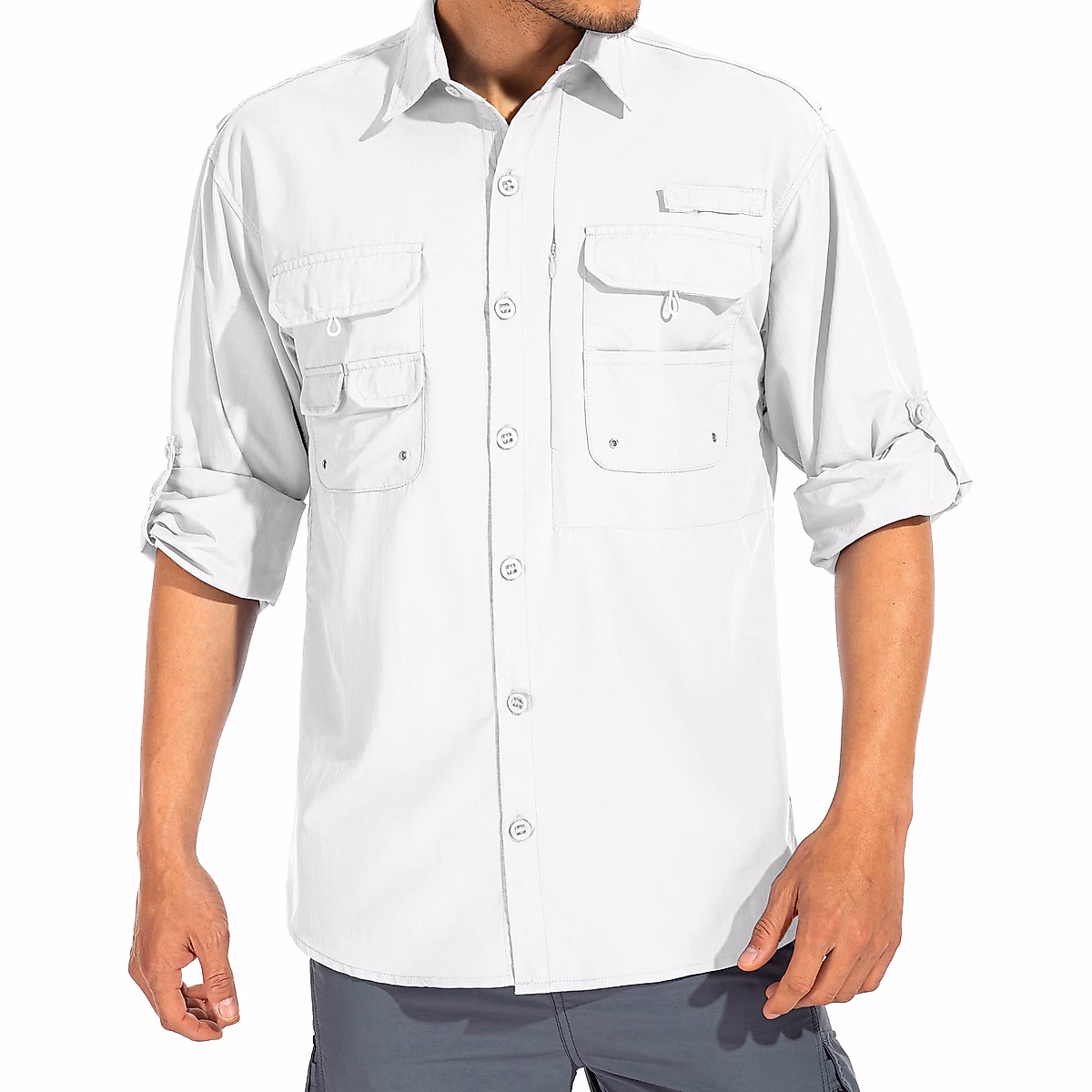 linlon Mens Safari Shirts Long Sleeve UV Protection Hiking Fishing UPF 50+ Quick Dry Cooling Camping Travel Shirts#5066-White-XXL