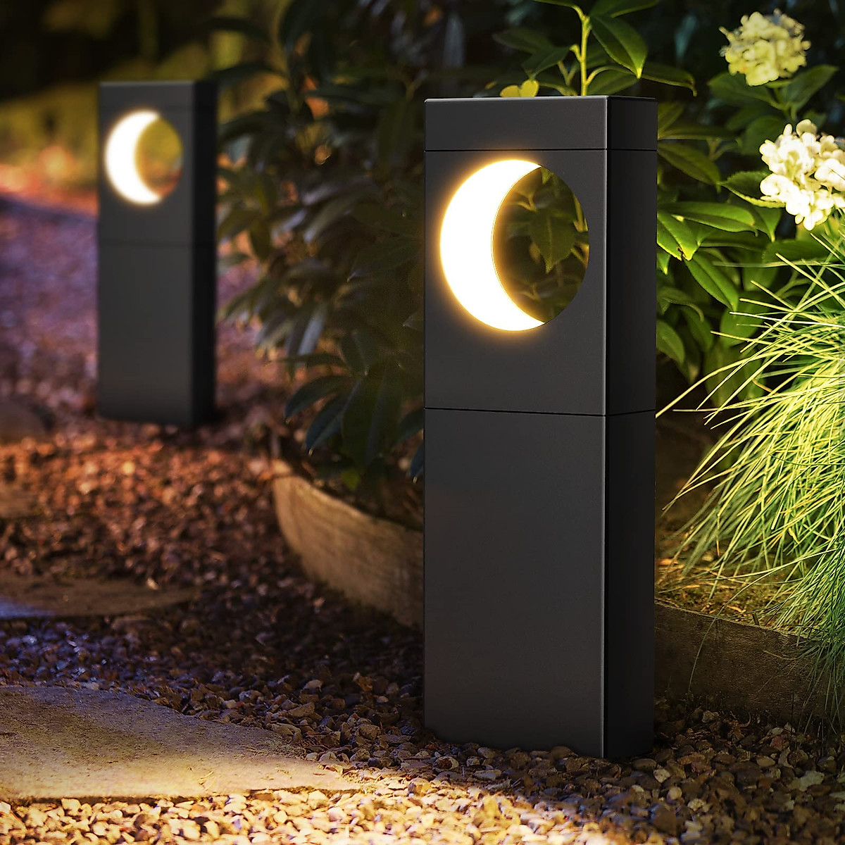 E-Kong Solar Outdoor Lights 6 Pack, Bright Pathway Outdoor, Achieve IP65 Waterproof, Moon Shape Landscape, Auto On/Off for Outside Yard Garden Path, Warm White