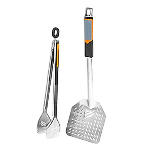 Blackstone 5282 Frying Tongs and Skimmer Spatula Set for Barbeque and Grilling 1 Long Handled Tong with Square Hang Loop, 1 Large Slotted Air Fryer Basket Scoop, Stainless Steel, Silicone Grip