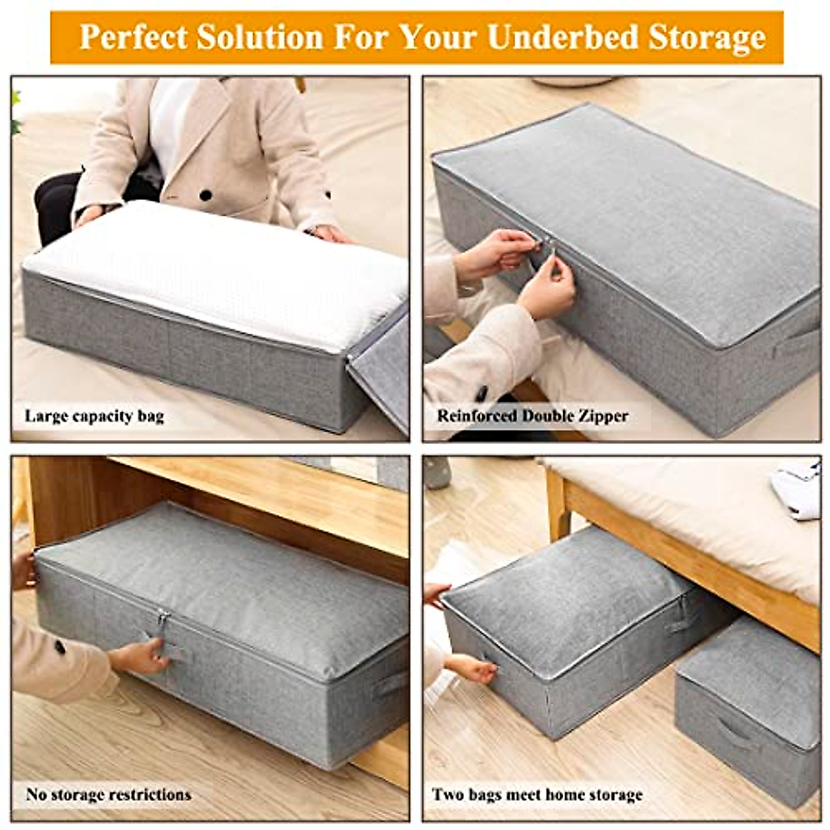 Under Bed Storage, 2 Pack Underbed Storage Container Bags With Lid, Foldable Sturdy Clothes Storage Drawer Organizer W/ 3 Handles, Ultra Thick Fabric Blanket Shoe Storage Box, 30x15x6.7inch, Grey