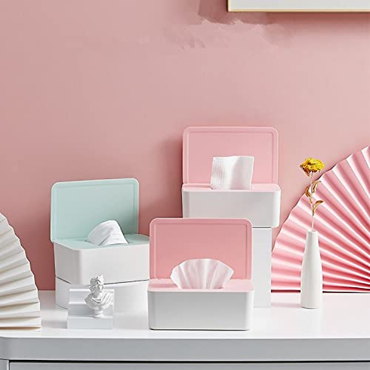 Wipes Dispenser Holder,Tissue Storage Box Case Wet Baby Wipes Case Baby Wipe Holder with Lid for Home Office Desk, Dorm, Kitchen, Washroom, Vanity (White+Pink)