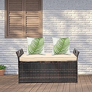 FurniSdoo PE Rattan Outdoor Storage Bench, Wicker Deck Storage Box with Comfy Beige Seat Cushion, Perfect for Patio Porch Garden Balcony Yard Garden Tools Pool Toys, 33 Gallon Brown