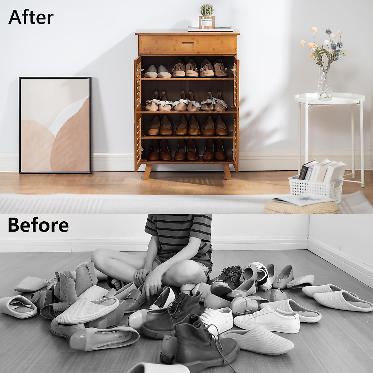 SOBIBO Shoe Storage Cabinet, Bamboo Shoe Organizer with Drawer and Doors, Shoe Cabinet with 2 Doors for Entryway, 4 Tier Shoe Storage Cabinet for Closet, Living Room, Bedroom