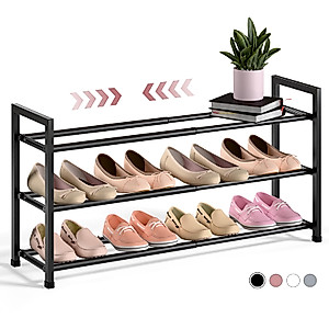Bumusty 3-Tier Expandable Shoe Rack for Closet, 18“-33” Adjustable Shoe Rack for Small Space, Small Shoe Organizer for Front Door, Sturdy Metal, Black