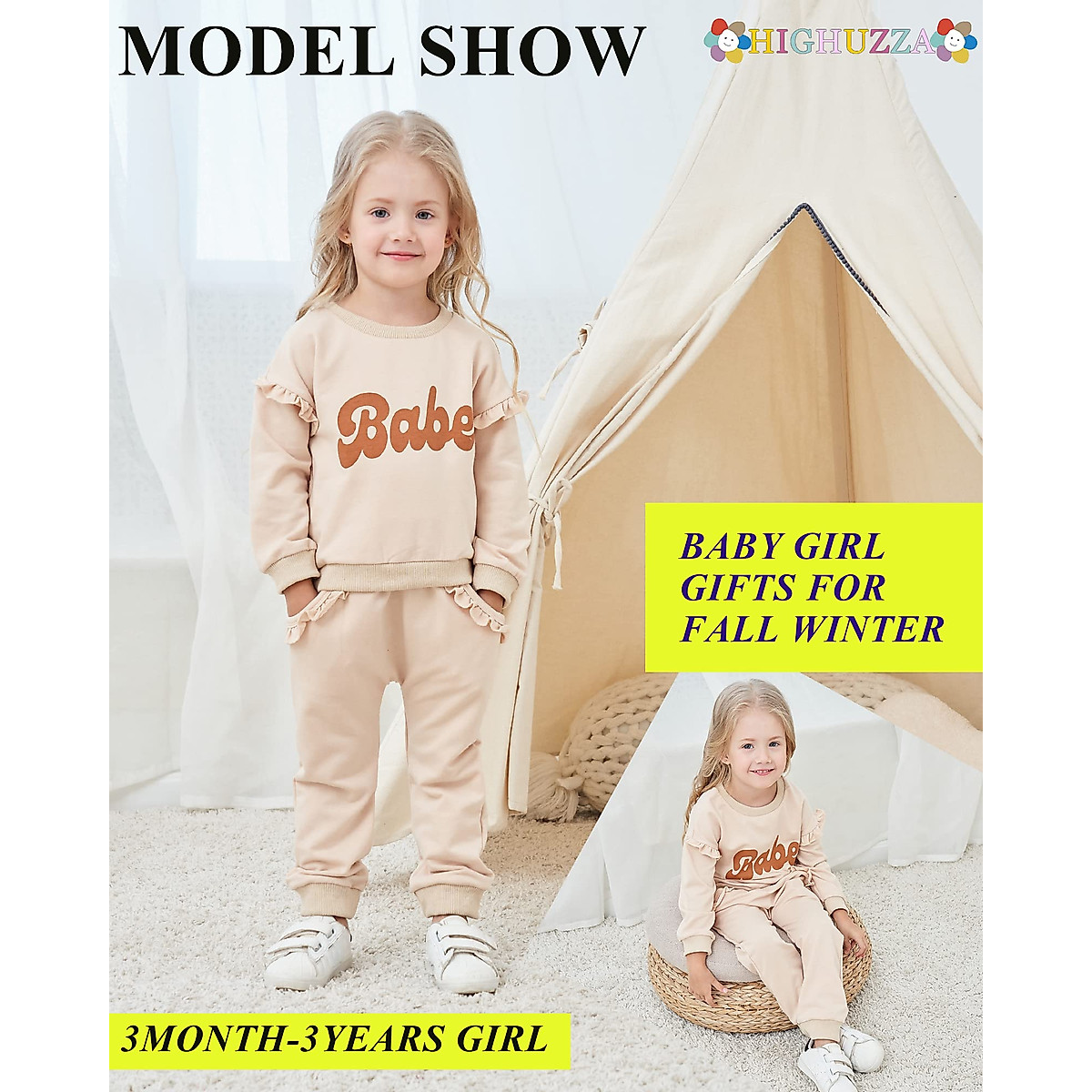 HIGHUZZA 12-18 month girl clothes baby girl clothes toddler girl clothes newborn infant babies fall outfits winter girls sweatshirt baby girls' clothing baby pant set 2 pcs Khaki