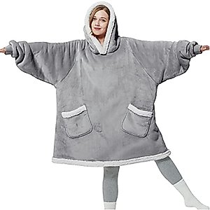 Bedsure Wearable Blanket Hoodie with Sleeves - Sherpa Hooded Blanket Adult as Gifts for Mom Women Girlfriend, Winter Sweatshirt Blanket Standard Grey