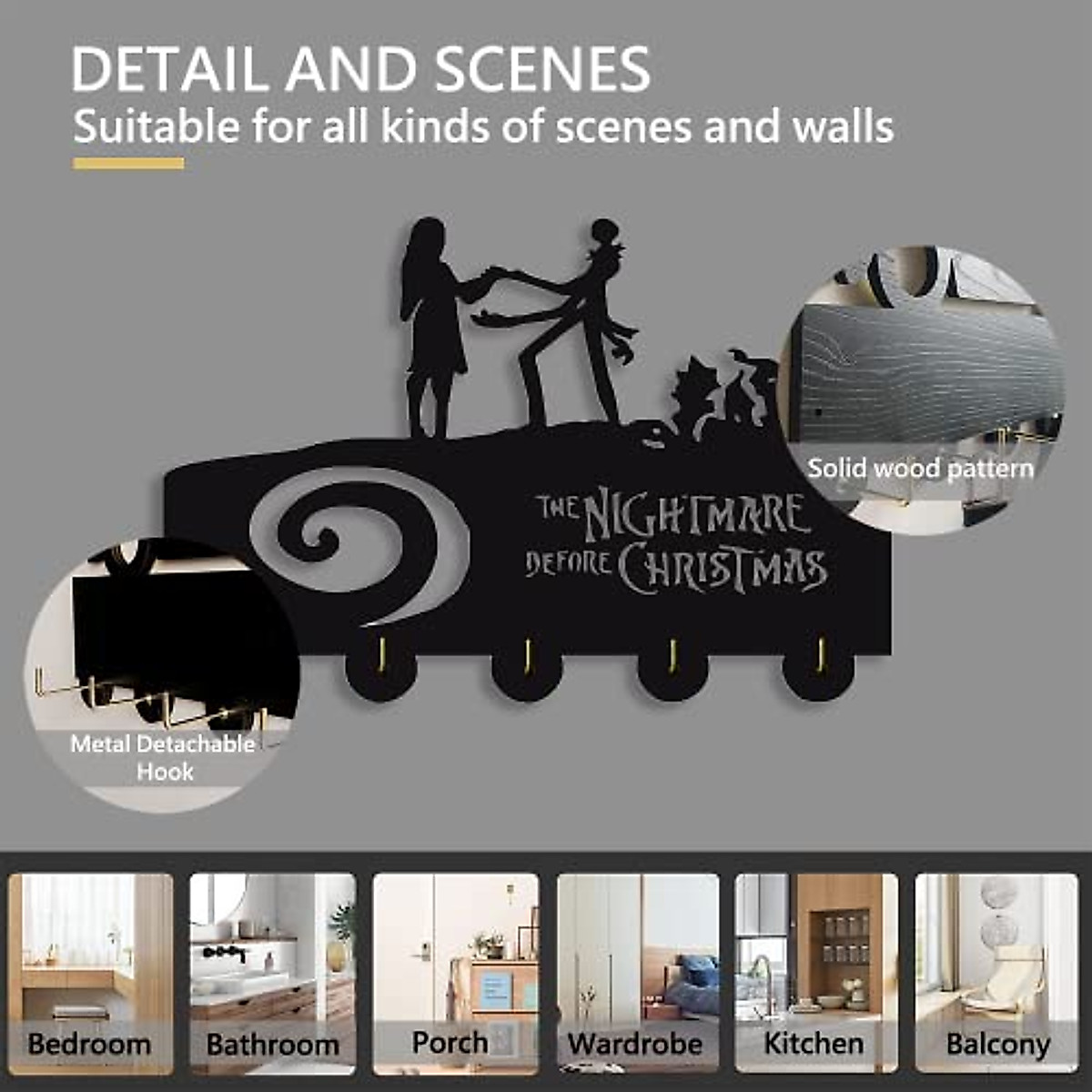 The Nightmare Before Christmas Key Hooks-Wall Hooks Heavy Duty 20LB(Max),Wall Décor,Wood Coat Hooks, Key Holder,Key Hanger for Wall、Entryway and Kitchen