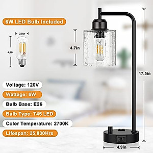 Industrial Bedside Table Lamp for Bedroom - Nightstand Lamps with USB C Charging Port, Fully Dimmable Black Lamps with USB Ports and Outlets, Small Desk Lamp with Glass Shade for Office Living Room