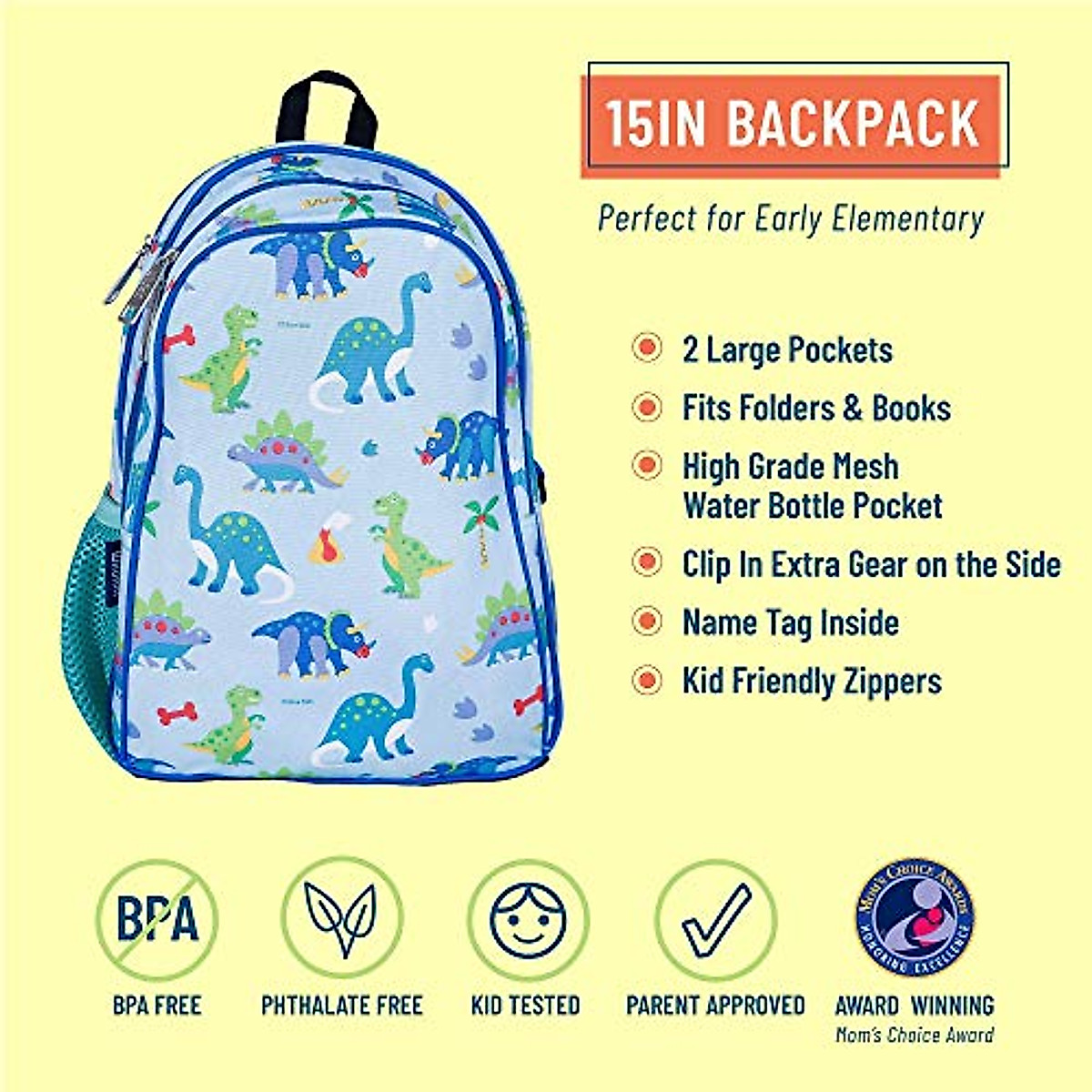 Wildkin 15 Inch Kids Backpack Bundle with Lunch Bag (Dinosaur Land)