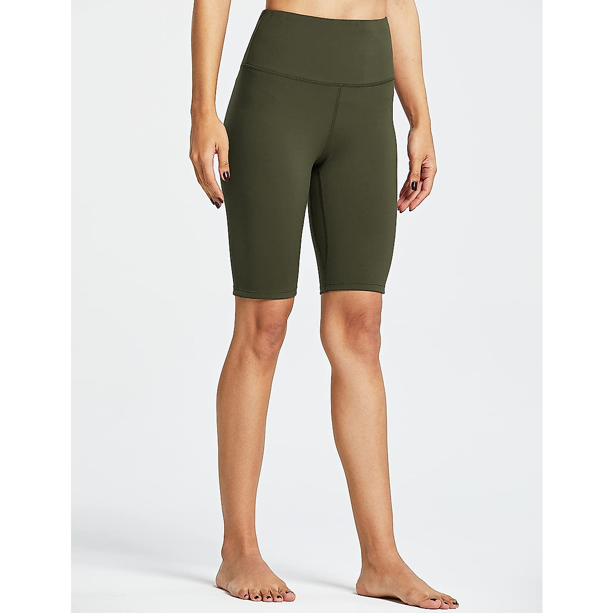 ZUTY 10"/ 5" Biker Shorts Women High Waisted with 2 Hidden Pockets Workout Athletic Running Yoga Long Shorts Army Green M